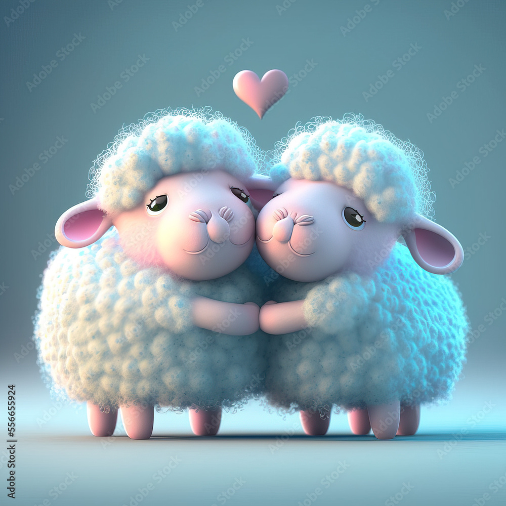 Little sheep in love hugging, kissing and enjoying in their love. Baby ...