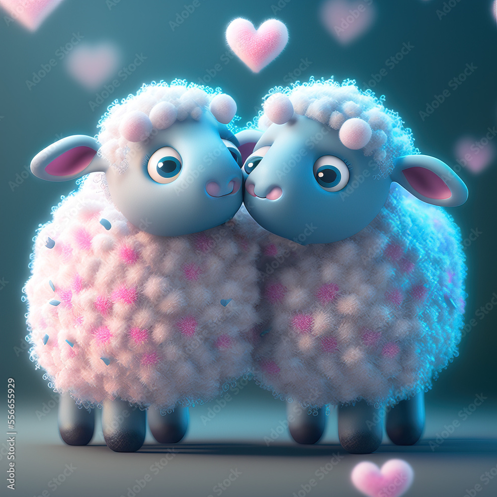 Little sheep in love hugging, kissing and enjoying in their love. Baby ...