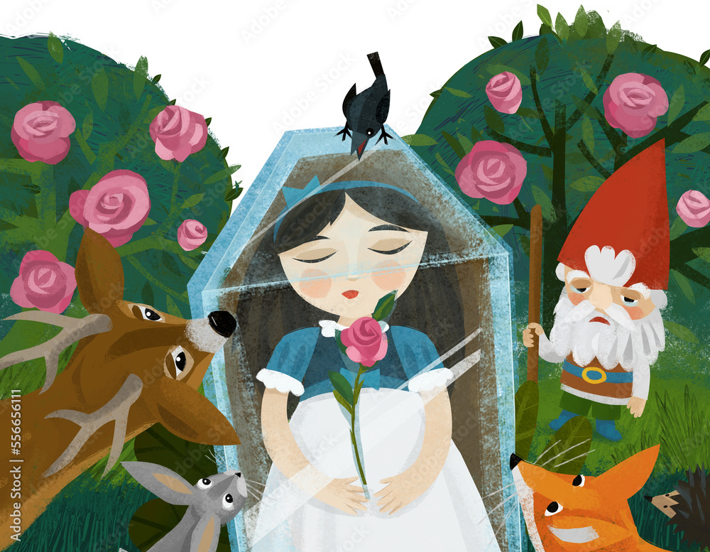 cartoon girl princess sleeping and dwarfs Stock Illustration | Adobe Stock