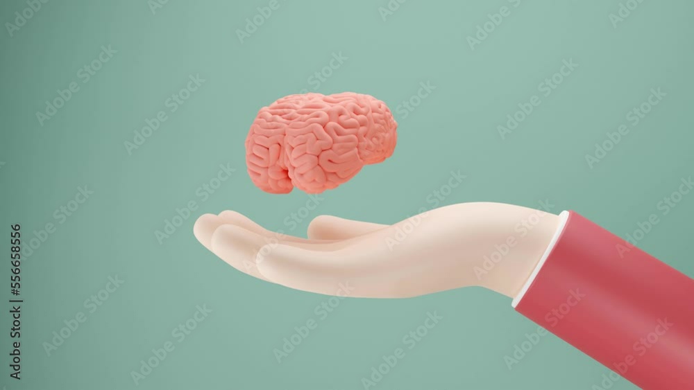 Giving hand with a spinning brain. Human brain with cartoon hand, 3d ...