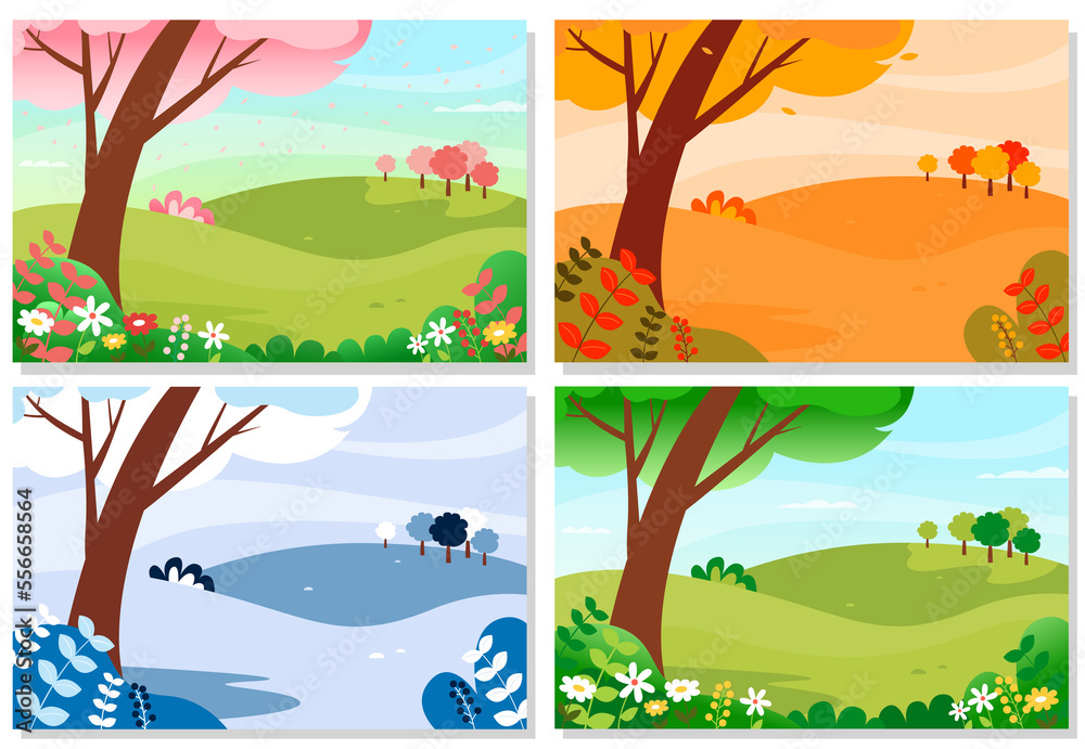 Four seasons, winter, spring, summer, autumn colour nature illustration ...