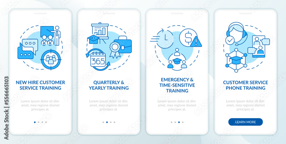 Customer service trainings blue onboarding mobile app screen. Business ...