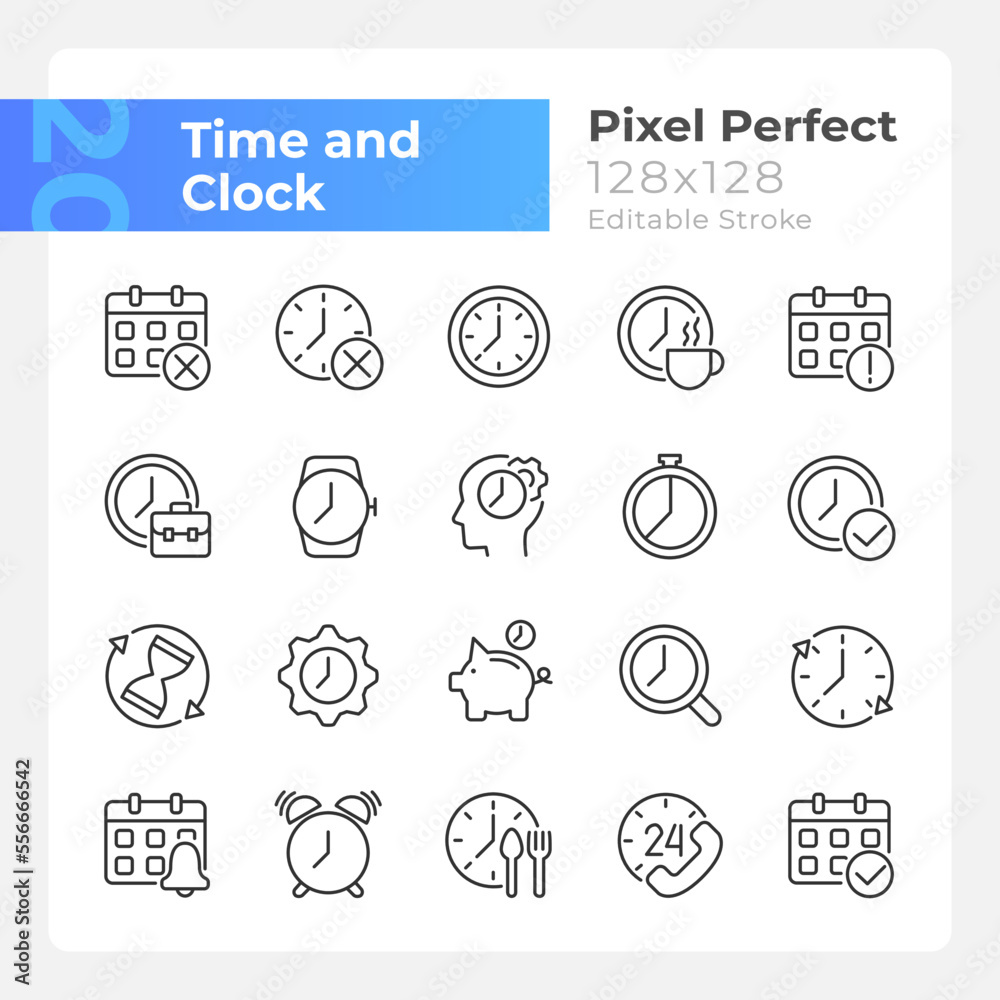 Time and clock pixel perfect linear icons set. Working hours. Daily ...