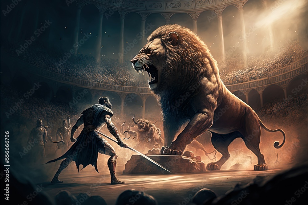 Supernatural epic fight, gladiator and lion, fantasy image dynamic ...