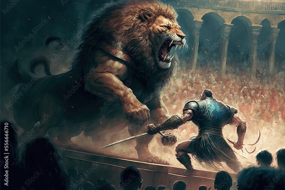Supernatural epic fight, gladiator and lion, fantasy image dynamic ...