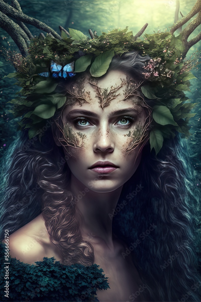 Beautiful feiry of the forest with nature elements in hair, portrait ...