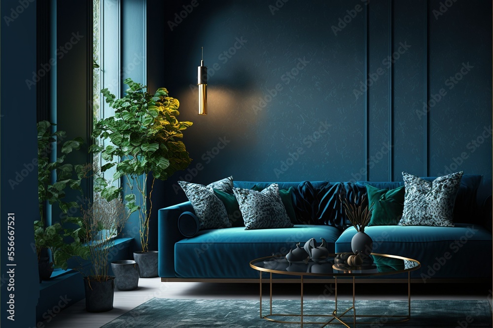 ai generated, Modern cozy living room and dark blue wall texture ...