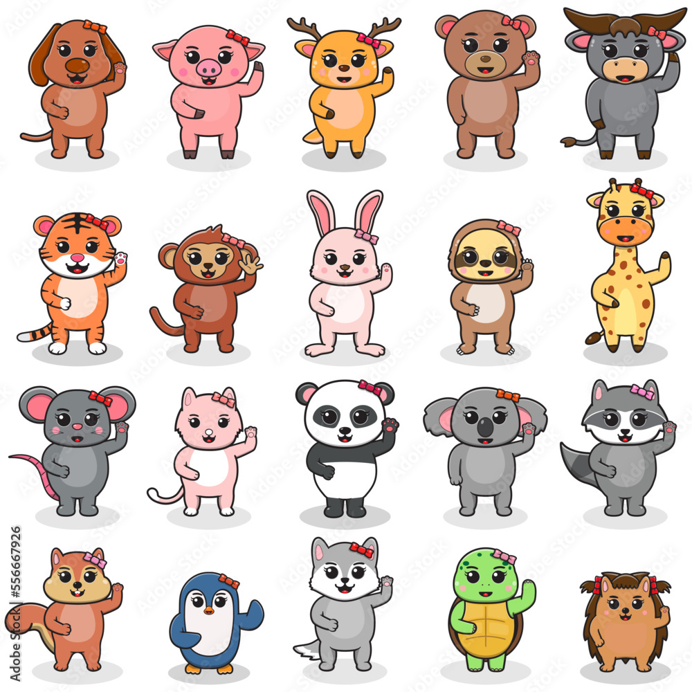 Zoo collection. Set of cute animals cartoon character design. flat ...