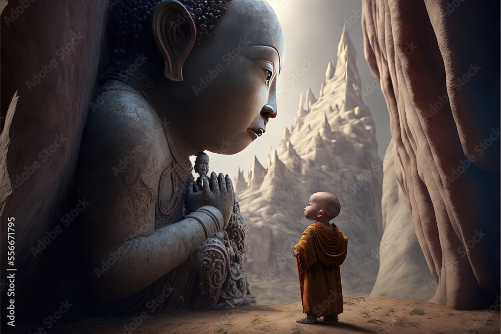 baby buddhist monk praying in front of buddah statue illustration ...