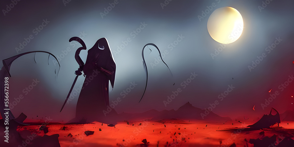Grim Reaper death with the scythe standin in front of the full moon ...