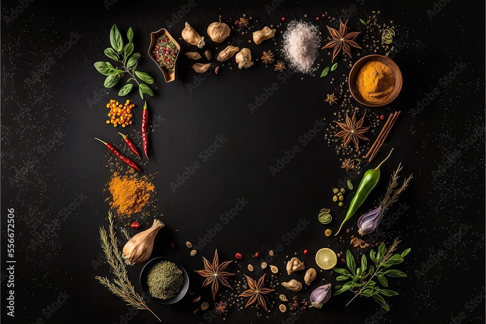 Cooking nd seasoning spices border on black slate background stock ...