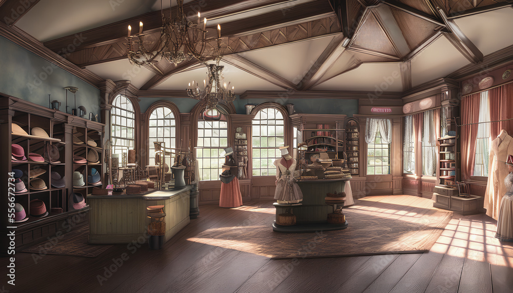 A painting of a hat shop. The image showcases the various styles and ...