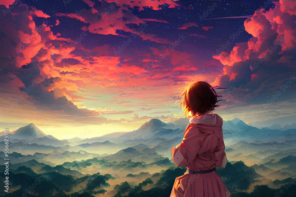 Sunset background girl looking anime style image generated by AI ...