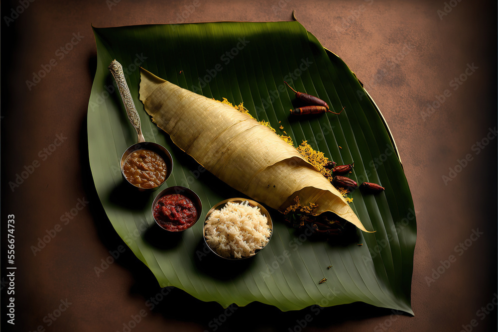 Traditional Onam sadya served in banana leaf. Generative AI ilustração ...
