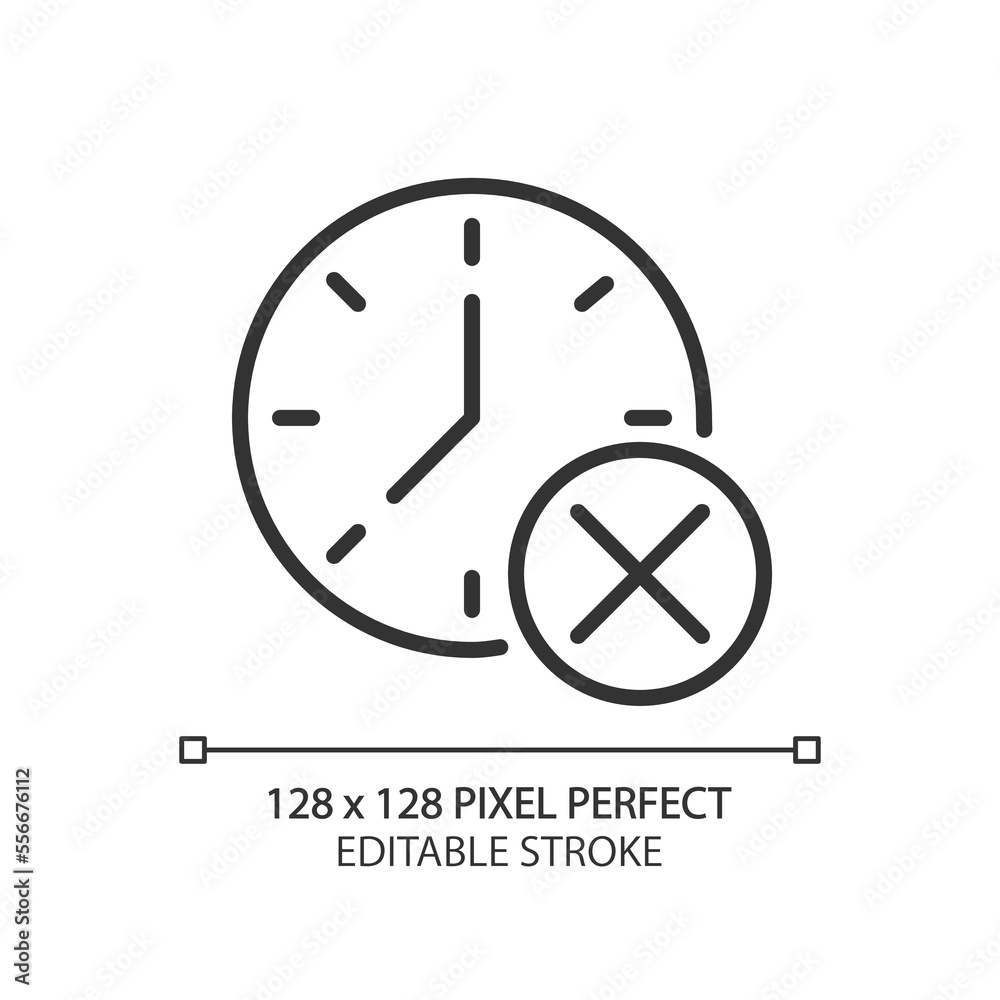 Clock with cross mark pixel perfect linear icon. Digital watch with x ...
