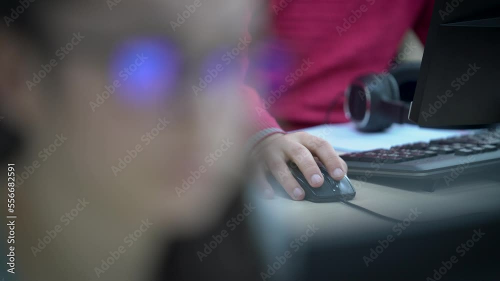 Person's hand working with mouse. Man working in office with mouse and ...