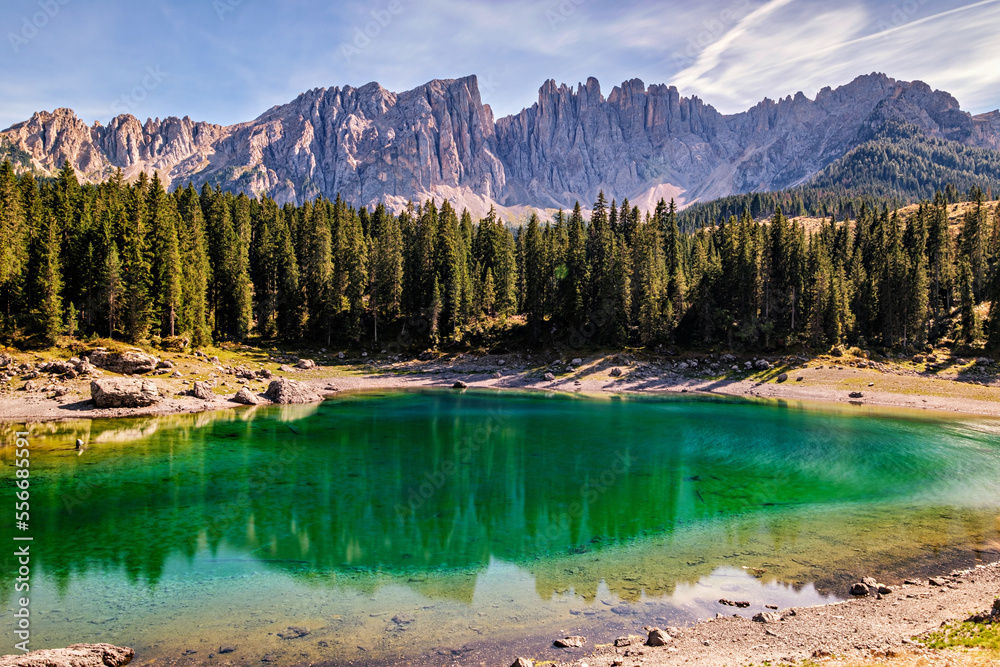 Incredible panoramic view of the Lake Carezza (Italian: Lago di Carezza ...