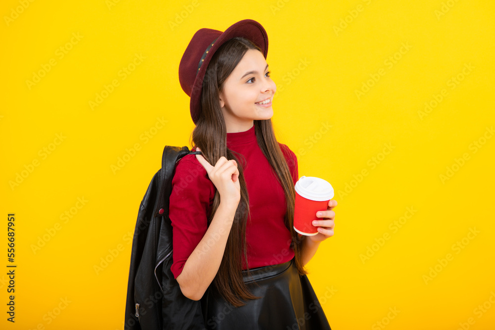 Fashion school girl holding coffee cup, learning and education. Coffee ...
