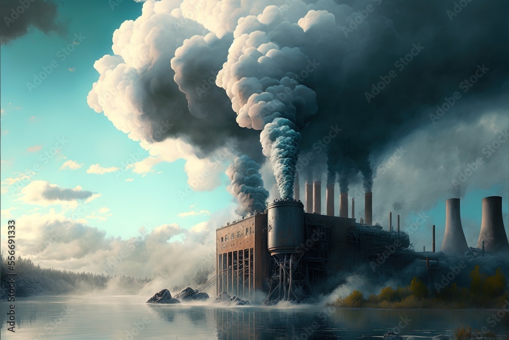 frontal perspective of a dense plume of smoke billowing from a factory ...