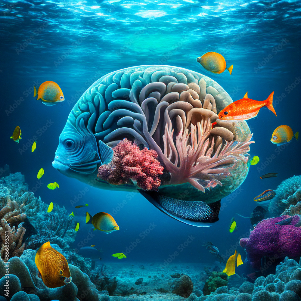 A fish with a human brain swims among the corals. AI generated. Stock ...