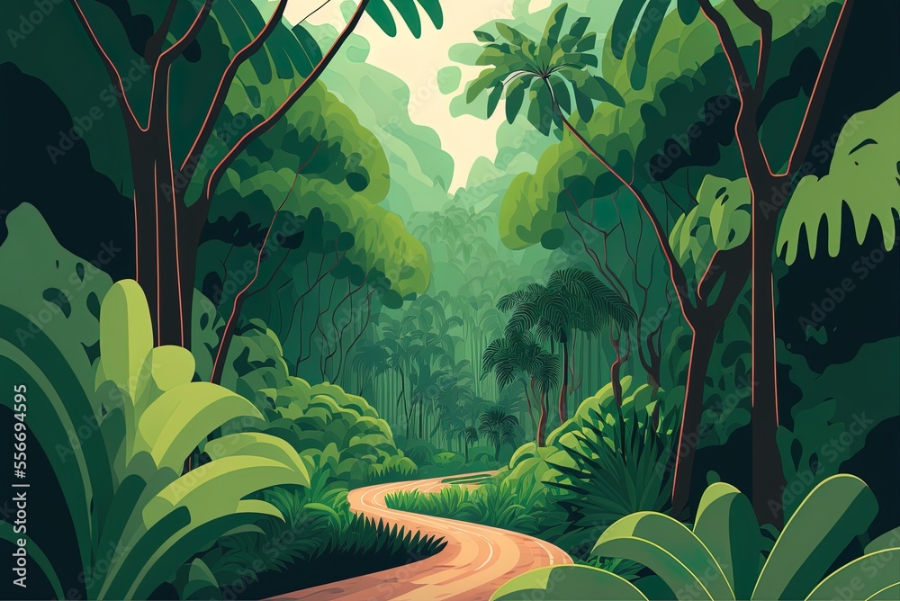 Rough cut path through the jungle in a flat landscape. Generative AI ...