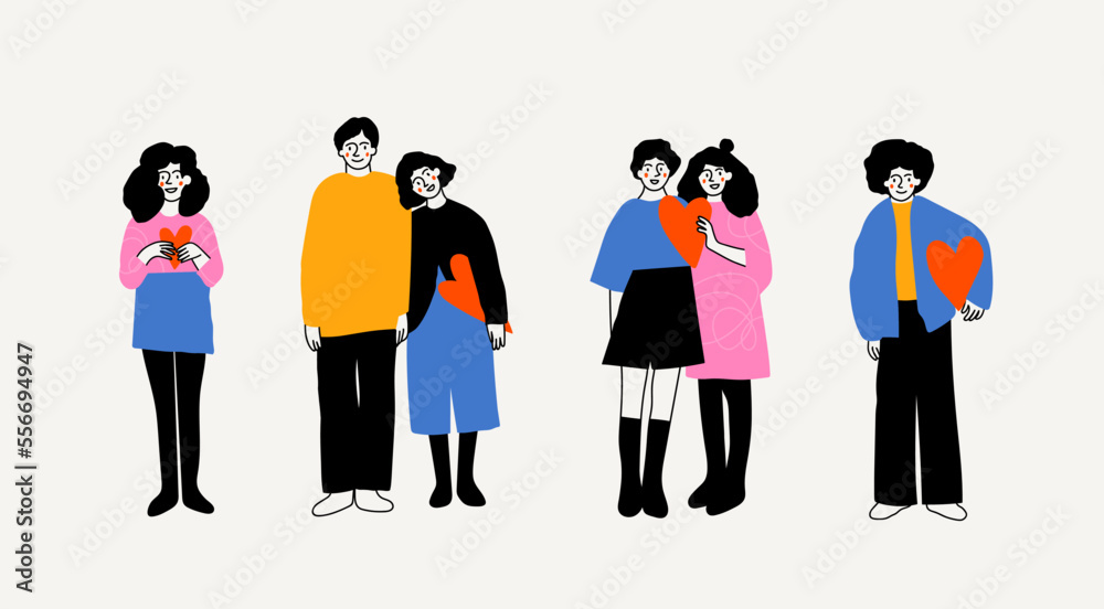 Set of diverse people standing and holding hearts. Single man and woman ...