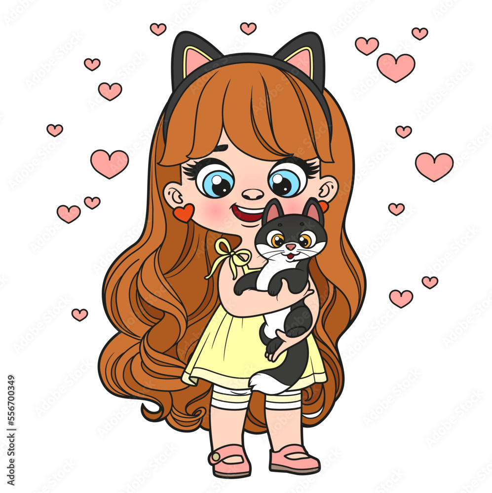 Cute cartoon long haired girl with cat in hands color variation for coloring page on white ...
