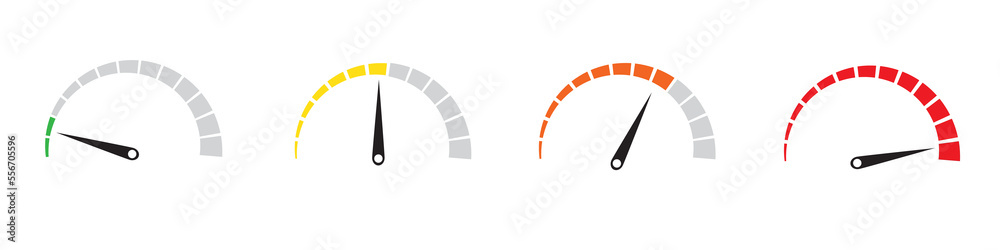 Speedometer icon set. Customer satisfaction indicator level. Risk level ...