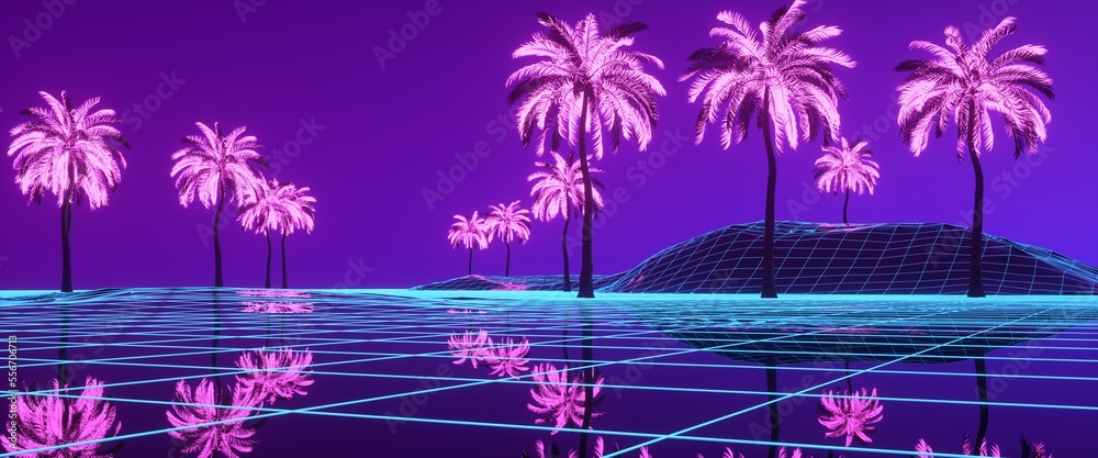 Purple neon wireframe landscape with palm trees against violet sunset ...