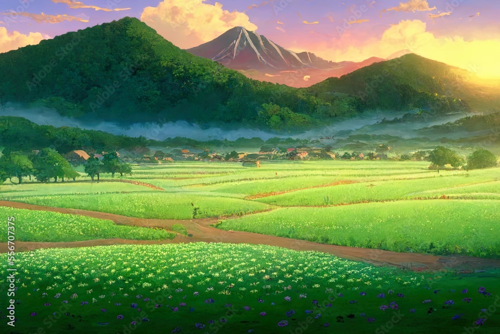 Field of grass in the mountains inspired bu manga anime studio ghibli ...