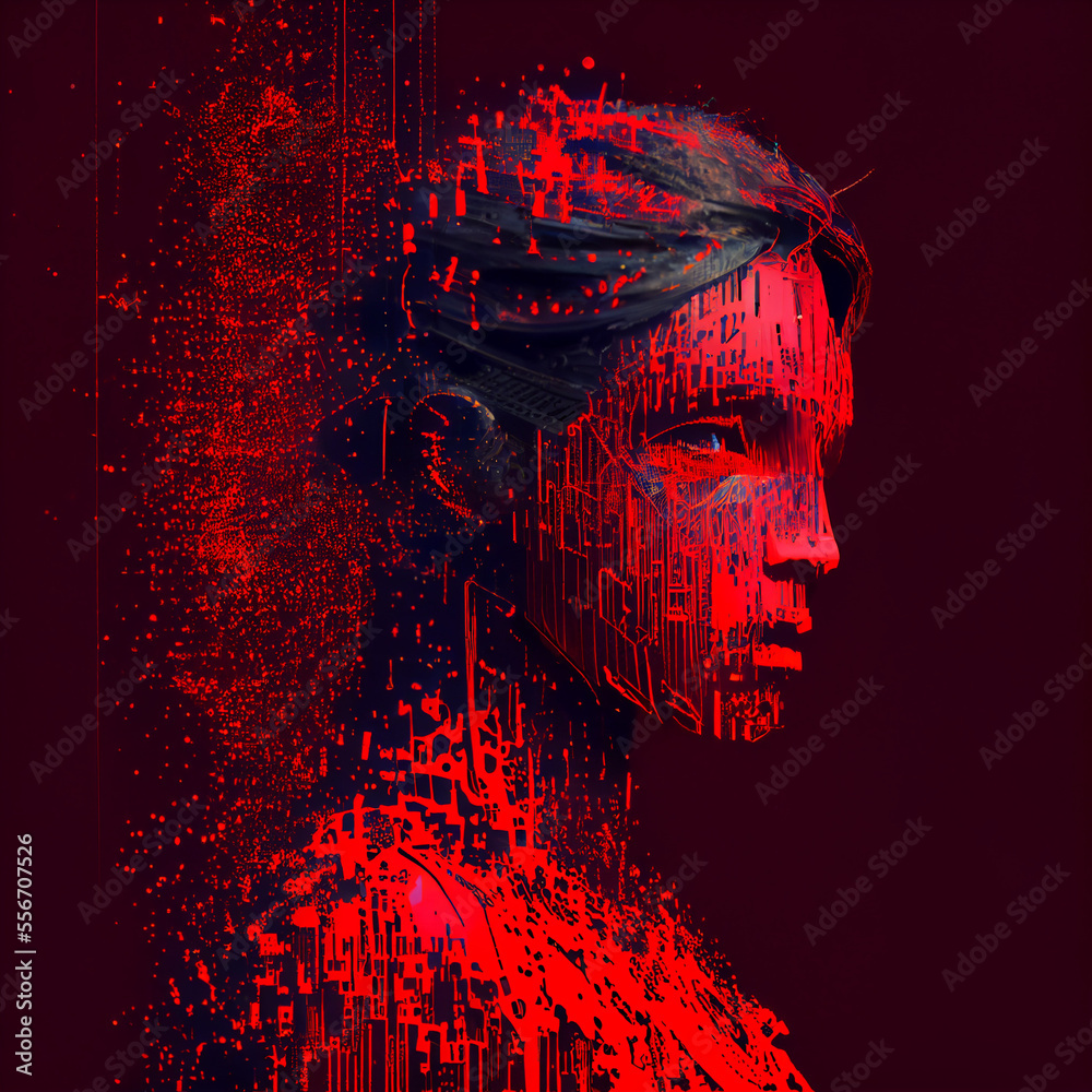 Red face made from digital artefacts, generative ai Stock Illustration ...