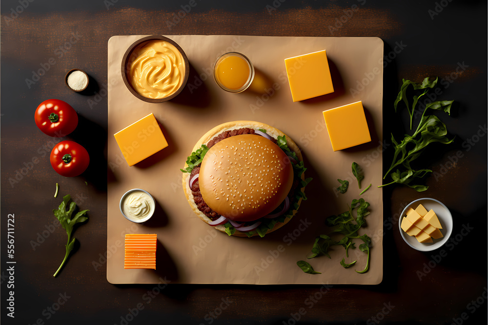 top down table view product photo of a cheese burger on a small wooden ...