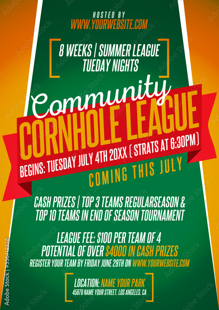 Poster for Cornhole League made in green, red and yellow colors with ...