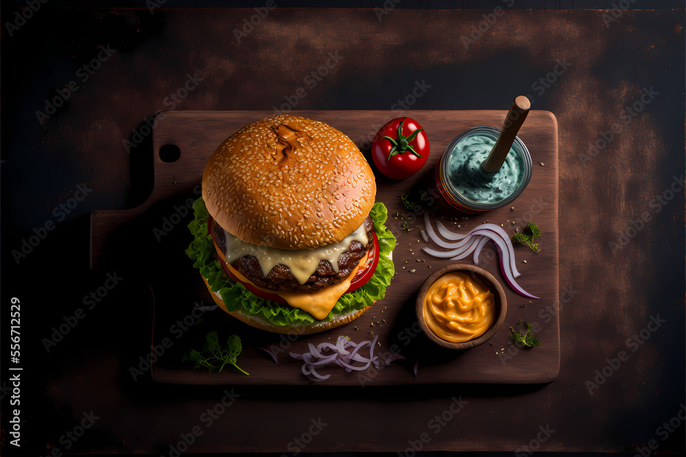 Photorealistic cheese burger captured in top-down product photo. All ...