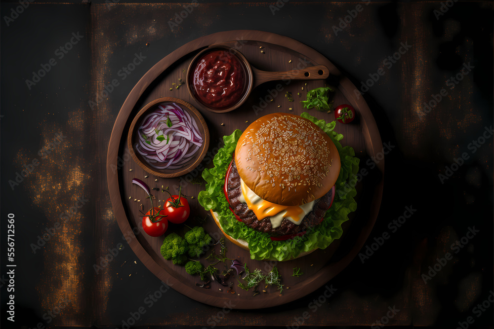 Photorealistic cheese burger captured in top-down product photo. All ...