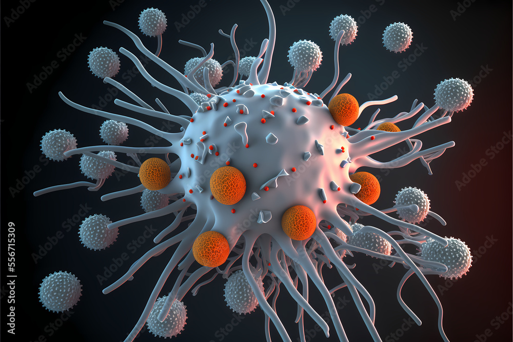 blood cells attacking a cancer cell, the cancer cell as an abnormal ...