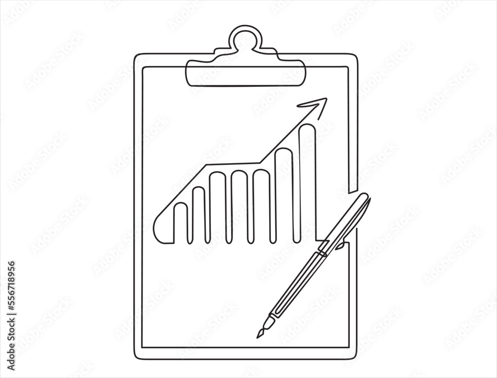 Continuous one line drawing of clipboard paper with graph and pen ...