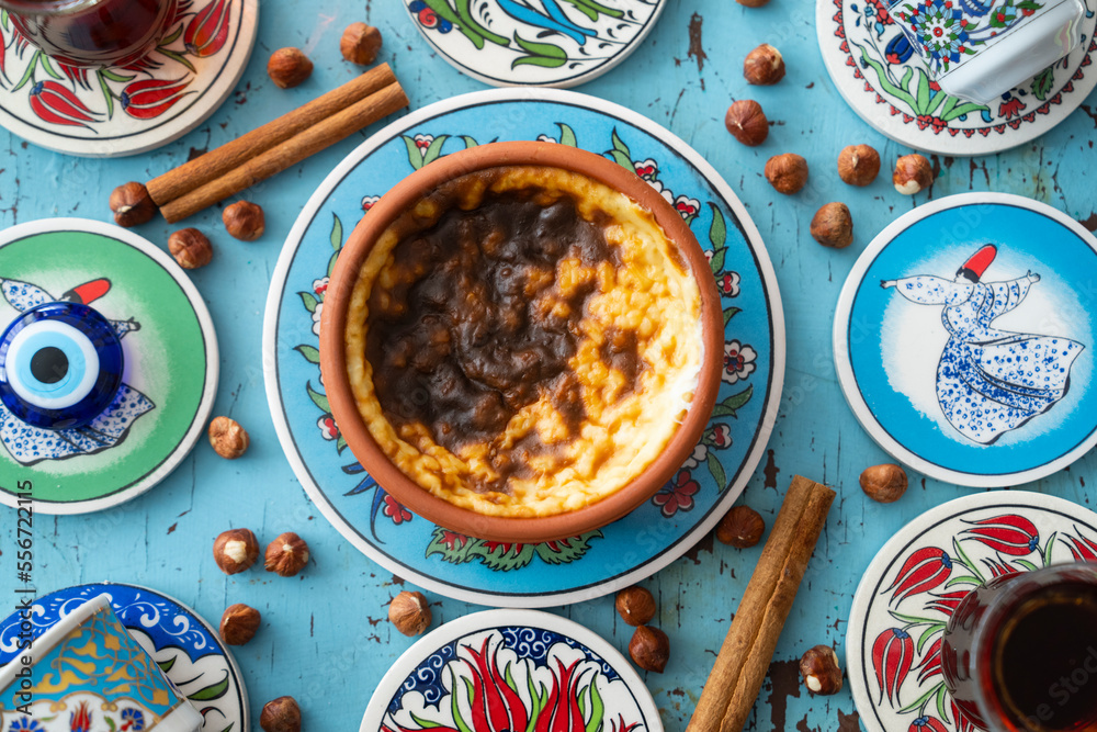 Photograph of Rice Pudding (Turkish Sutlac) in Ottoman Tile Turkish ...