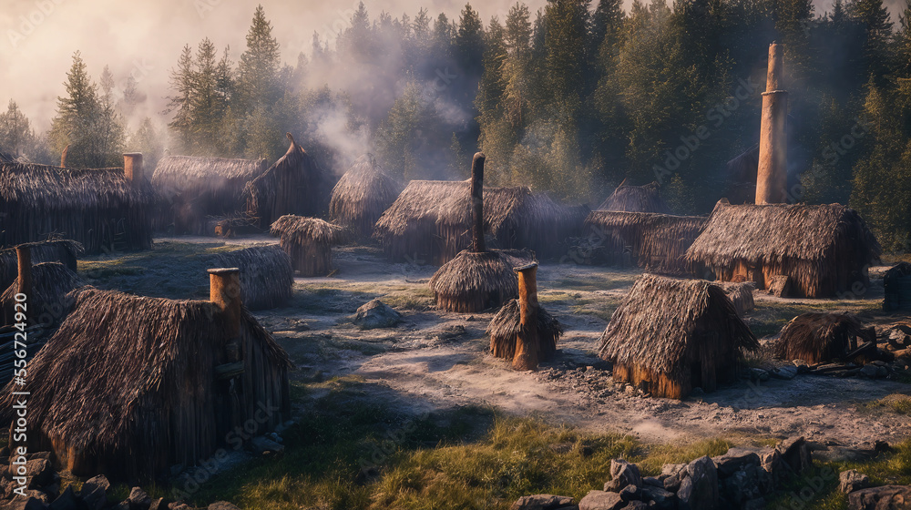 aerial view of a pagan village with a lot of huts and trees in the ...