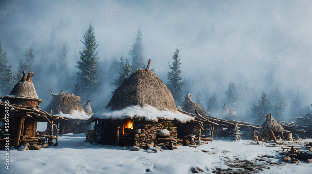Illustrazione Stock a group of huts of pagan village with snow on the ...