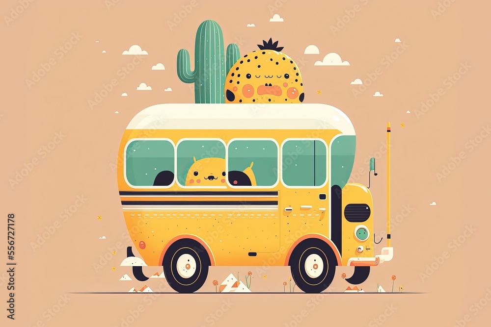 Cute school bus, flat vector style, CMYK pastel colors, illustration ...