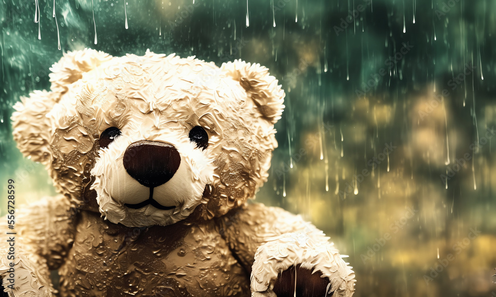 Lonely Teddy Bear In Rain