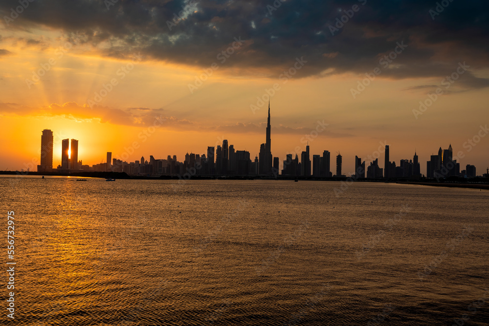 Dubai skyline during sunset. Dubai Downtown skyline panorama with ...