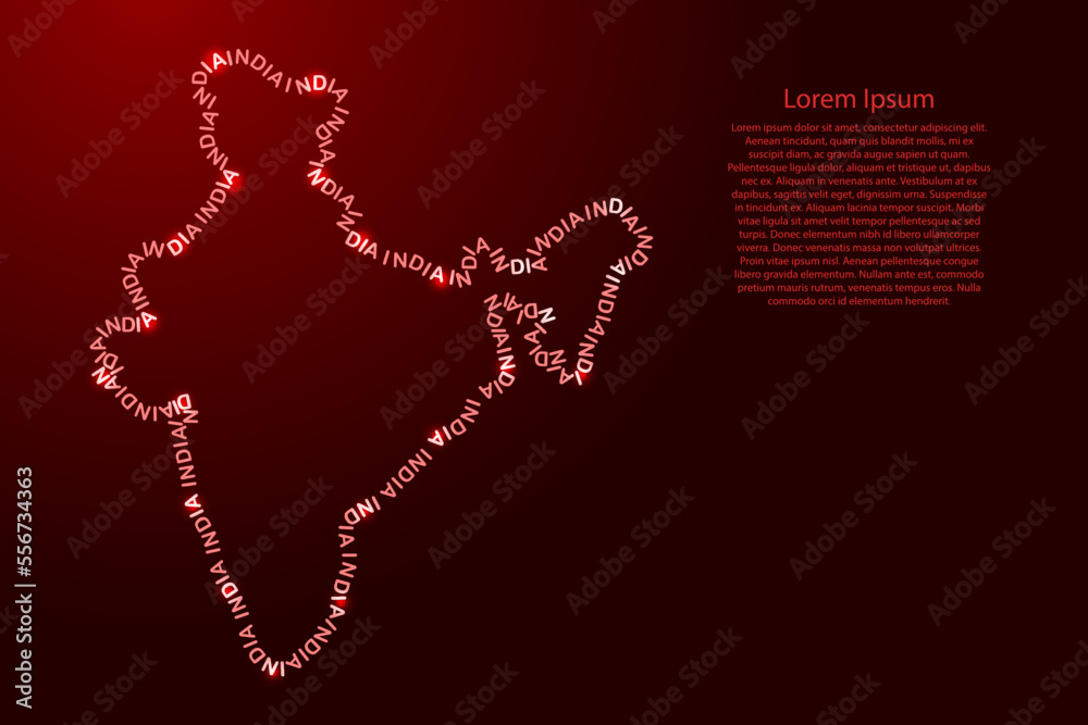 India map country along contour of recurring english red words name of ...