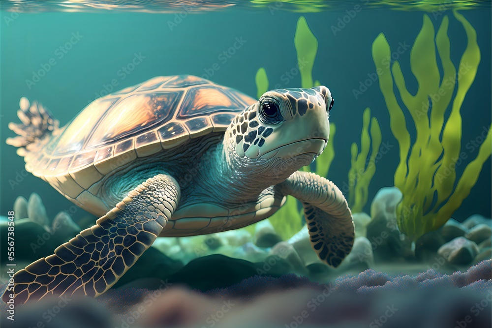 Sad realistic sea turtle swims on the underwater background.Ocean ...