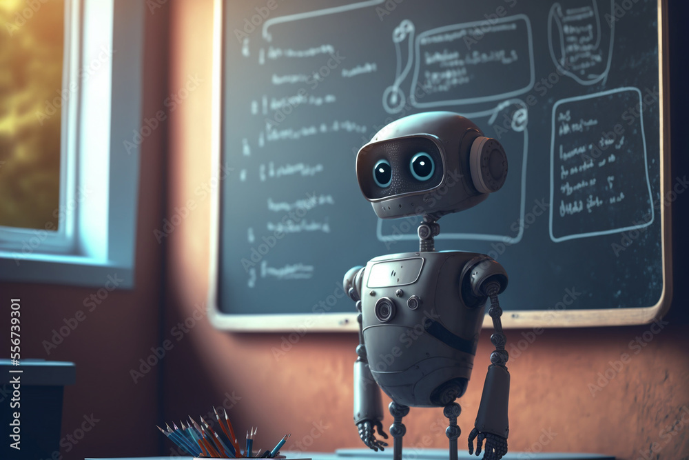 Humanoid education robot teacher in front of a school classroom ...