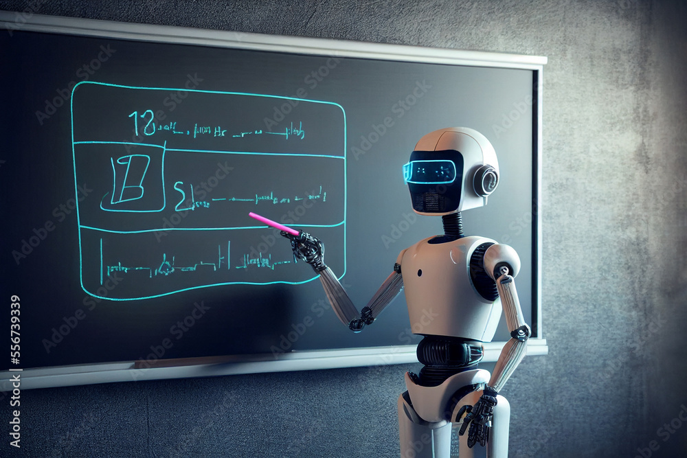 Humanoid education robot teacher in front of a school classroom chalkboard teaching pupils about ...