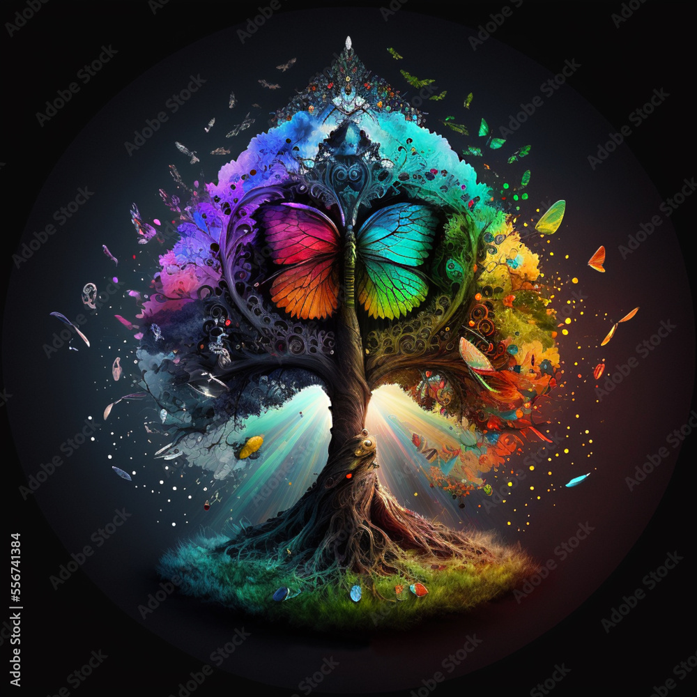 The World Tree with chakras and butterflies, facilitation of meditation ...