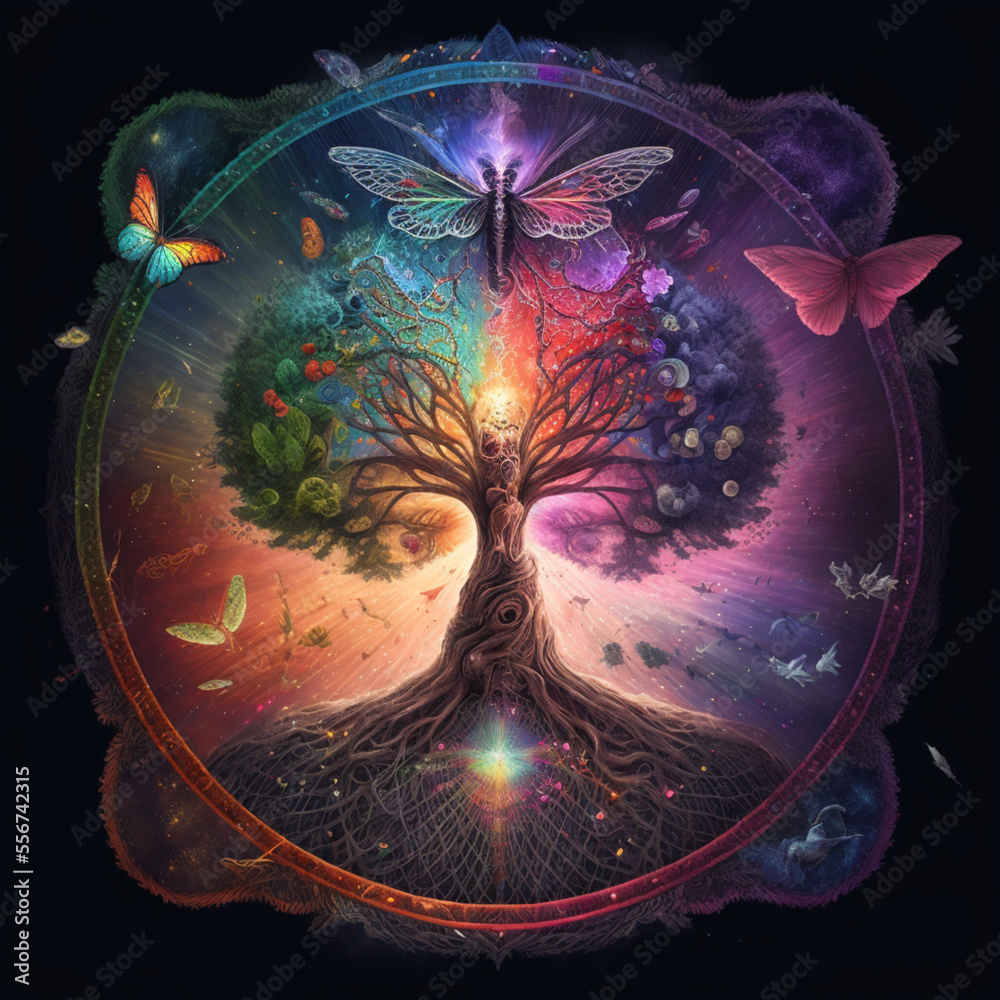 The World Tree with chakras and butterflies, facilitation of meditation ...