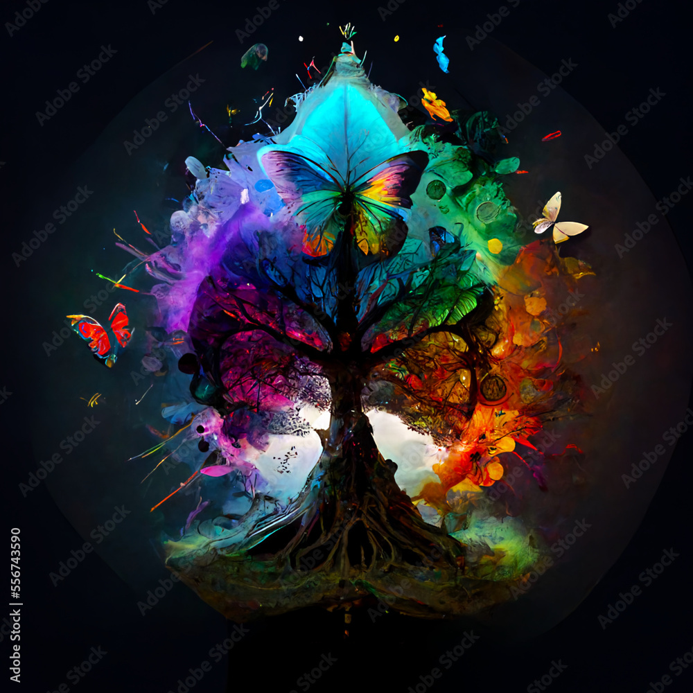 The World Tree with chakras and butterflies, facilitation of meditation ...